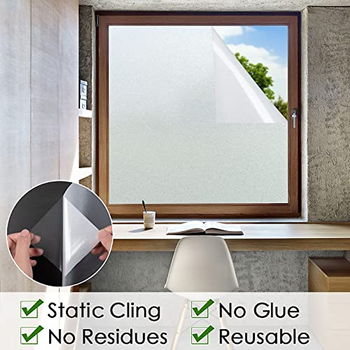 Homein Privacy Window Film, Frosted Glass Window Film for Bathroom, Non-Adhesive Static Cling Window Film Sun Blocking Reusable Decorative Door Covering for Home Office, 17.5" x 78.7"