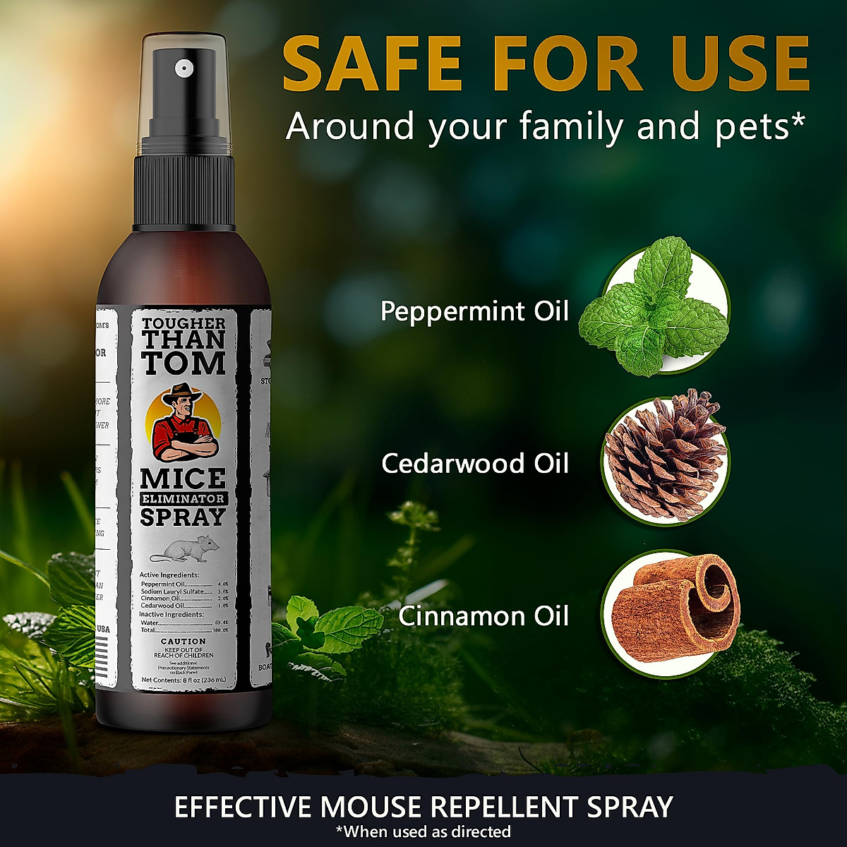 Tougher Than Tom Mouse Repellent Spray – 8 fl oz Premium Cinnamon and Peppermint Oil Spray for Rodents – Effective Mouse Repellent Indoor Spray – Mice Deterrent Spray – All-Natural Formula