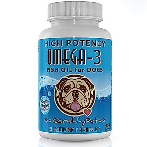 ScruffyPet Pure Omega 3 Wild Fish Oil for Dogs with Vitamin E - Highest EPA & DHA Softgels Available (1000mg) 180ct