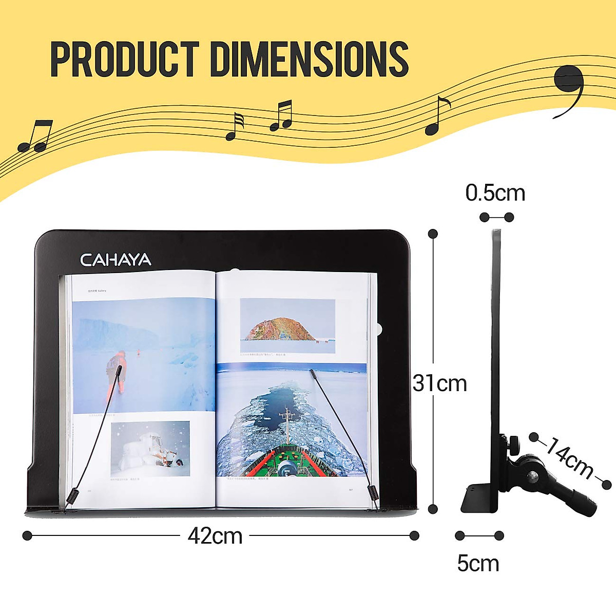 CAHAYA Desktop Sheet Music Stand Metal Angle Adjustable Tabletop Book Reading Cookbook Tablet Holder Stand Tray and Page Paper Clip CY0214
