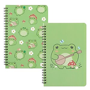 L1rabe 2 A5 Frog Spiral Notebooks Spring Back to School Cute Frog Playing Banjo Mushroom College Ruled Hardbound Notebooks, Travel Journal Diary Notepad for Kids Teens Students Easter Birthday Gifts