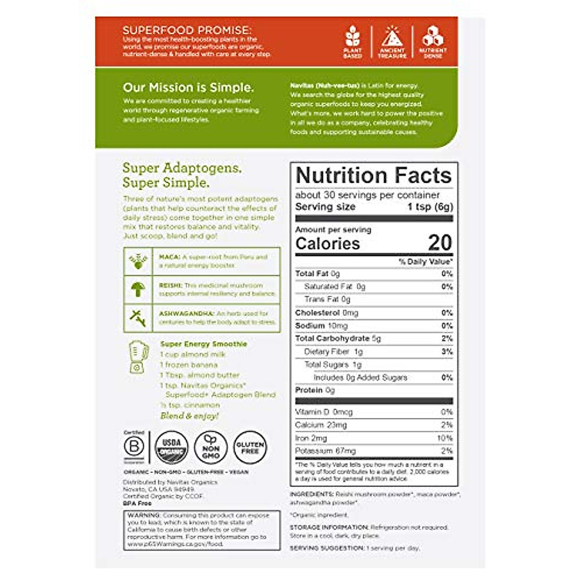 Navitas Organics Superfood+ Adaptogen Blend for Stress Support (Maca + Reishi + Ashwagandha), 6.3oz bag, 30 Servings — Organic, Non-GMO, Vegan, Gluten-Free, Keto & Paleo.