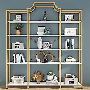Auromie Triple Wide 5-Tier Bookshelf, 70.87" L x 79.13" H Extra Large Gold Bookcase, Tall Display Shelf with Metal Frame, Freestanding Etagere Storage Display Shelf for Home Office, White Gold