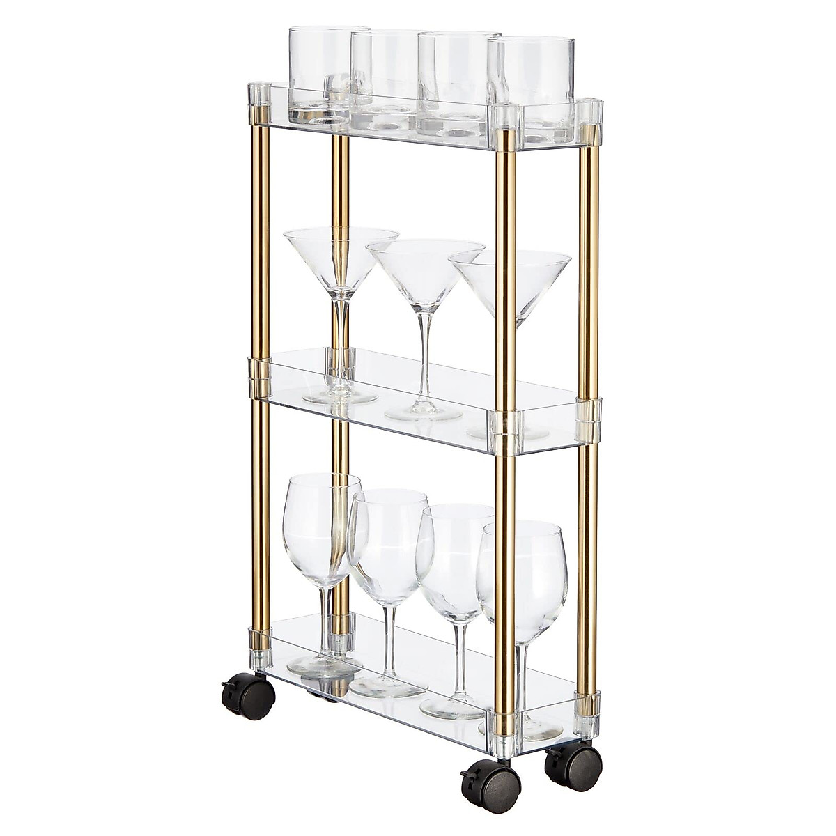 mDesign Slim Portable 3-Tier Household Rolling Storage Cart for Bathroom, Kitchen, Craft Room, Laundry Room, Office, and Kid's Playroom - 4 Rotating Wheels - Clear/Soft Brass