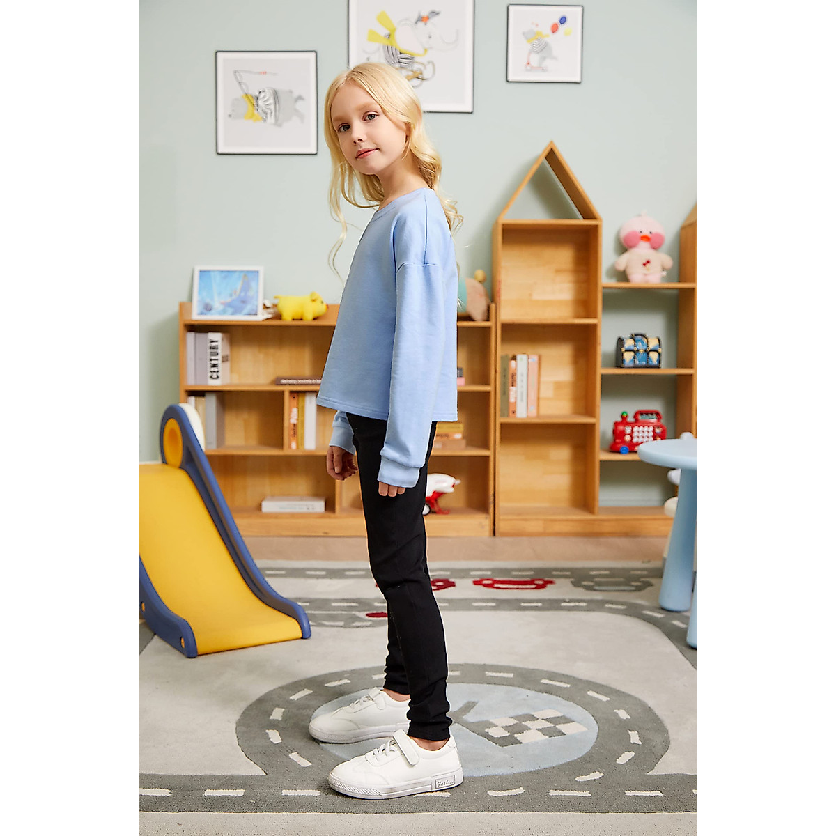 Arshiner Girls Crop Tops Kids Long Sleeve Pullover Sweatshirts Girls Cropped Crewneck Sweatshirt Girls Light Blue Sweatshirt 9 Year Old Girl Clothes