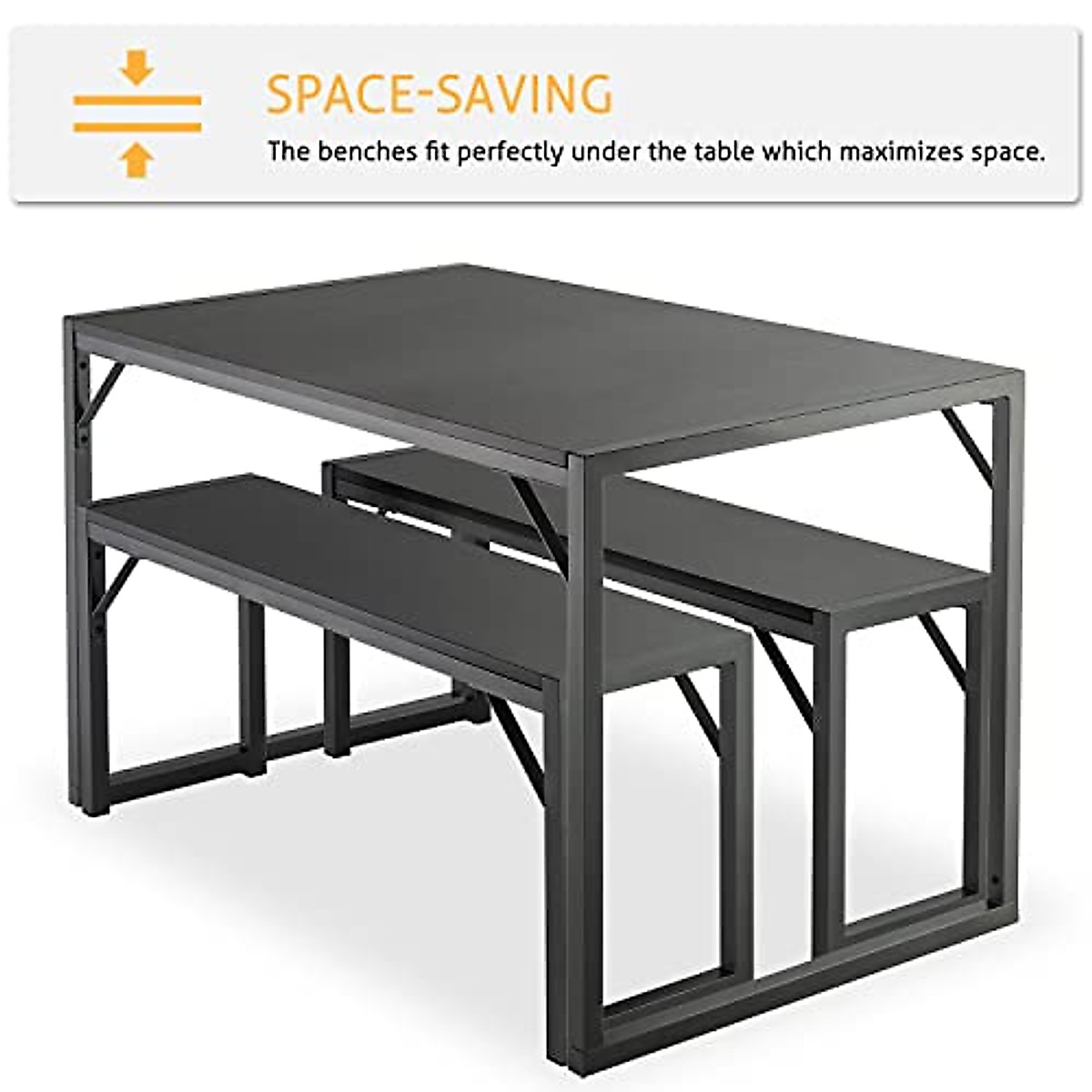 SHA CERLIN 3-Piece Dining Table Set with 2 Benches, Rustic Kitchen Table Set for 4-6, Space-Saving Dinette, Sturdy Structure, Easy Assemble, Black/Grey