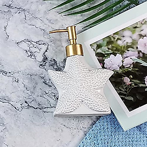 Starfish-Shaped Soap Dispenser, White Ceramic Lotion Bottle with Noble Golden Matte Pump, Ocean Themed Décor for Kitchen Sink or Bathroom