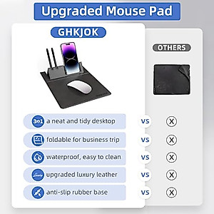 Travel Mouse Pad with Pen/Phone Holder - Foldable Portable for Laptop, PU Leather - Small Modern Thin Multifunctional Mouse Pad - Black