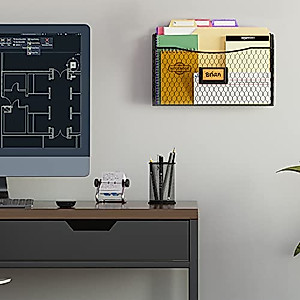 Wall35 Felic Hanging File Organizer, Folder and Mail Holder for Wall, Metal Chicken Wire Baskets with Tag Slot