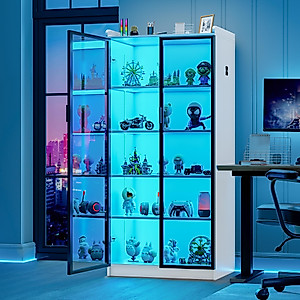 Lvifur Tall Storage Cabinet up to 70", LED Kitchen Pantry Cabinet with Human Body Induction, 5 Tier Bookcase Display Cabinet with Adjustable Shelves for Living Room Office (White)