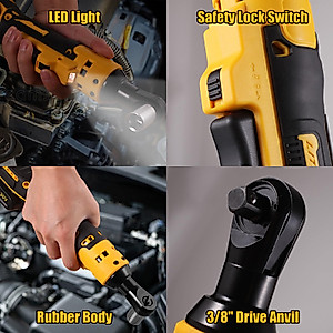 Electric Ratchet, Cordless Ratchet Wrench 3/8" Compatible with DEWALT 20V Battery, 74Ft-lb, 580 RPM, Variable Speed Trigger, LED Light, 3/8" to 1/4" Adapter, 9 Sockets, No Battery Included