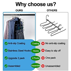OKOMARSS Pants Hangers Space Saving, 2 Pack Stainless Steel Anti-Slip Multiple Layers Multifunctional Pants Hangers Uses Wardrobe Clothes Hangers for Pants Trousers Skirts Scarves (Black)