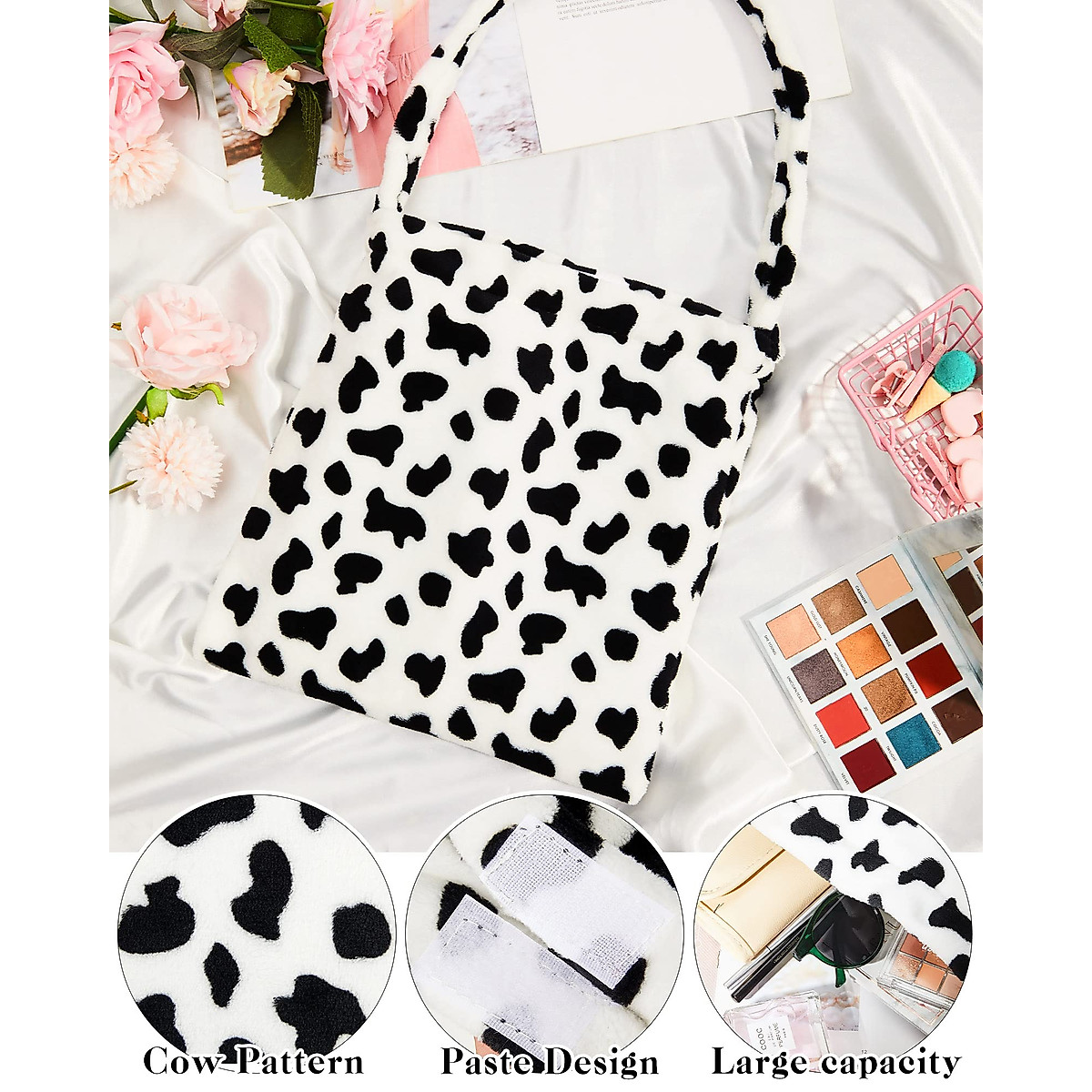 Fluffy Shoulder Bag Flower Cow Plush Underarm Handbag Bag Fluffy Purse Small Clutch Bag for Women Autumn Winter (White and Black, Shoulder Bag)