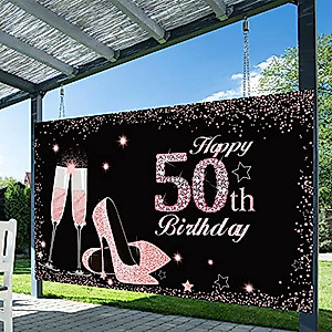Excelloon Happy 50th Birthday Banner Backdrop Decorations for Women, Rose Gold Happy 50 Year Old Birthday Party Poster Supplies Photo Props, Fifty Birthday Party Decor Sign (6 X 3.6ft)
