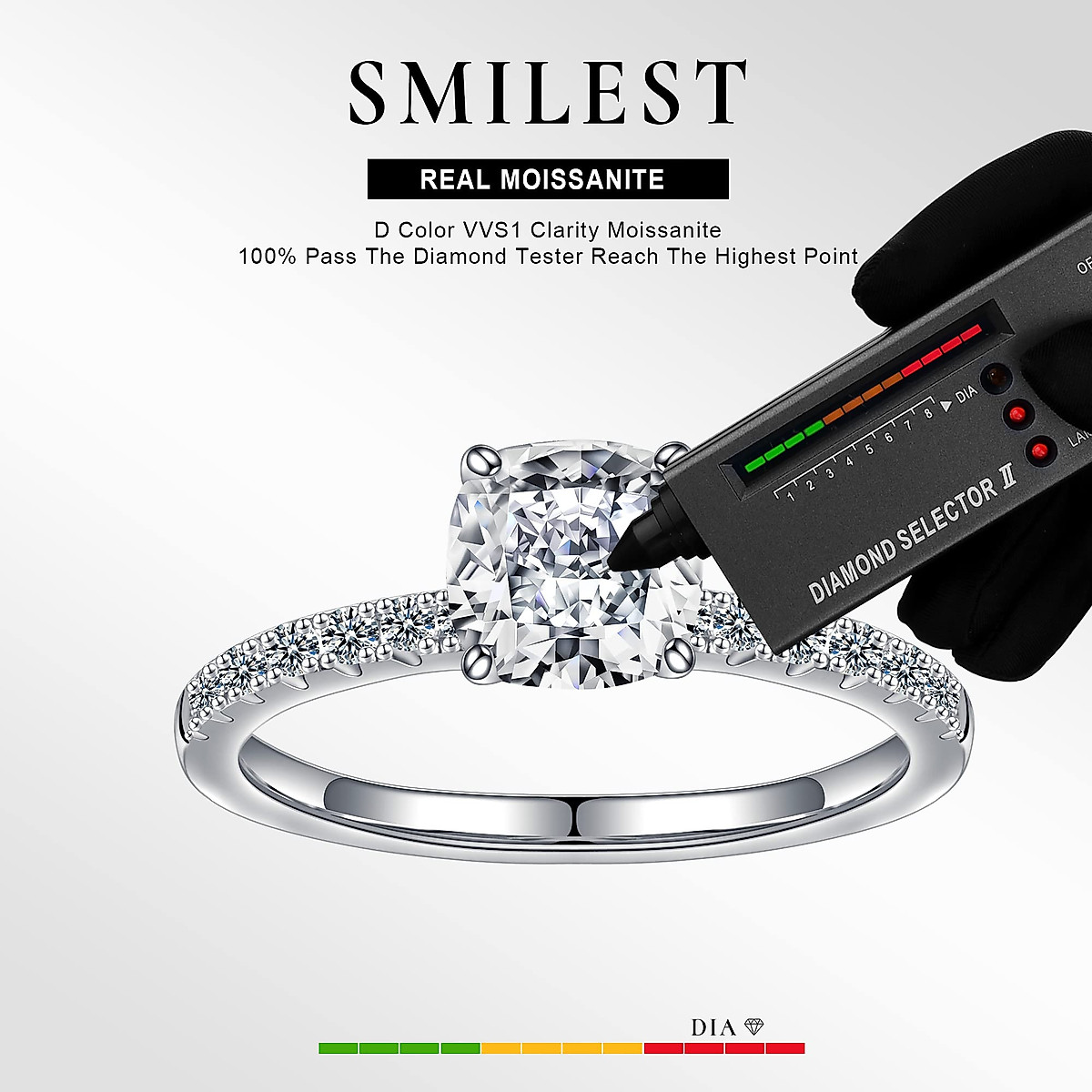 SMILEST Cushion Moissanite Rings for Women, 1.5CT D Color VVS1 Clarity Idea Cut Solitaire Simulated Diamond Ring 18K White Gold Plated 925 Sterling Silver 4 Prong Moissanite Engagement Ring for Women