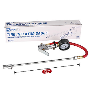 WYNNsky Tire Inflator with Tire Pressure Gauge, Extended Straight-on Air Chuck with 12 Inch Rubber Air Hose