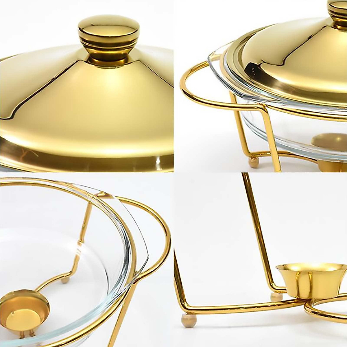 JYHCD Glass Chafing Dish Buffet Set, with Stainless Steel Lid and Holder, Round Food Warming Tray, for Buffet, Wedding, Parties, Banquet, Catering Events,Silver,2L