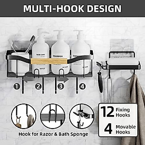 Shower Caddy Bathroom Shelf, 4-Pack Adhesive Shower Organizer with 2 Soap Holders and 16 Hooks, No Drilling Rustproof 304 Stainless Steel Shower Storage Basket Rack for Bathroom & Kitchen Storage