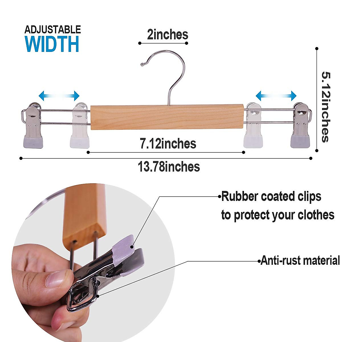 ELONG HOME Wooden Pants Hangers 12Packs, Skirt Hangers with Adjustable Clips, Non Slip Wood Clothes Hangers with Clips, Space Saving Hangers for Pants Skirts Trousers Slacks Jeans