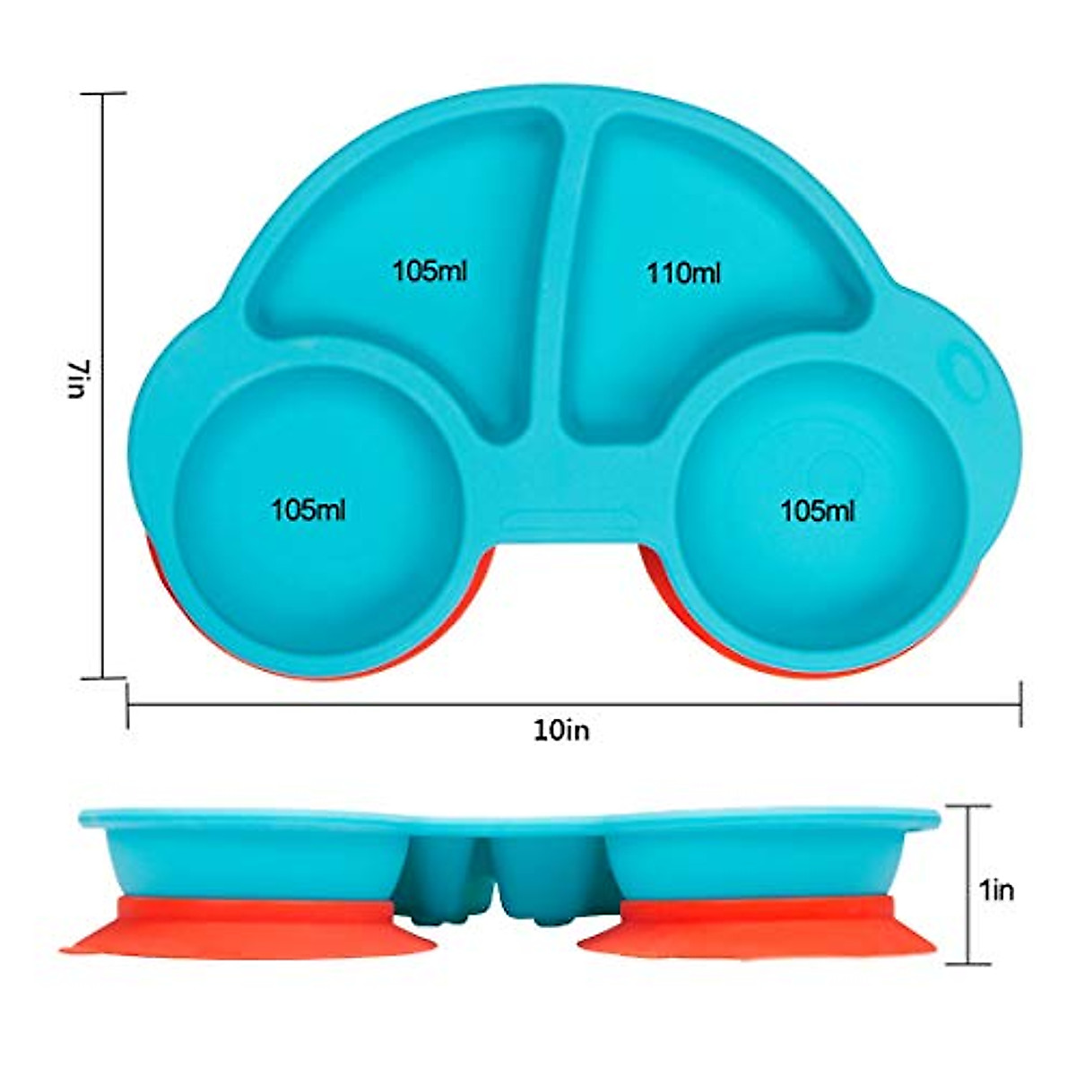 Silicone Divided Toddler Plates - Portable Non Slip Suction Feeding Plates for Children Babies and Kids BPA Free Baby Dinner Plate (Car-Blue)