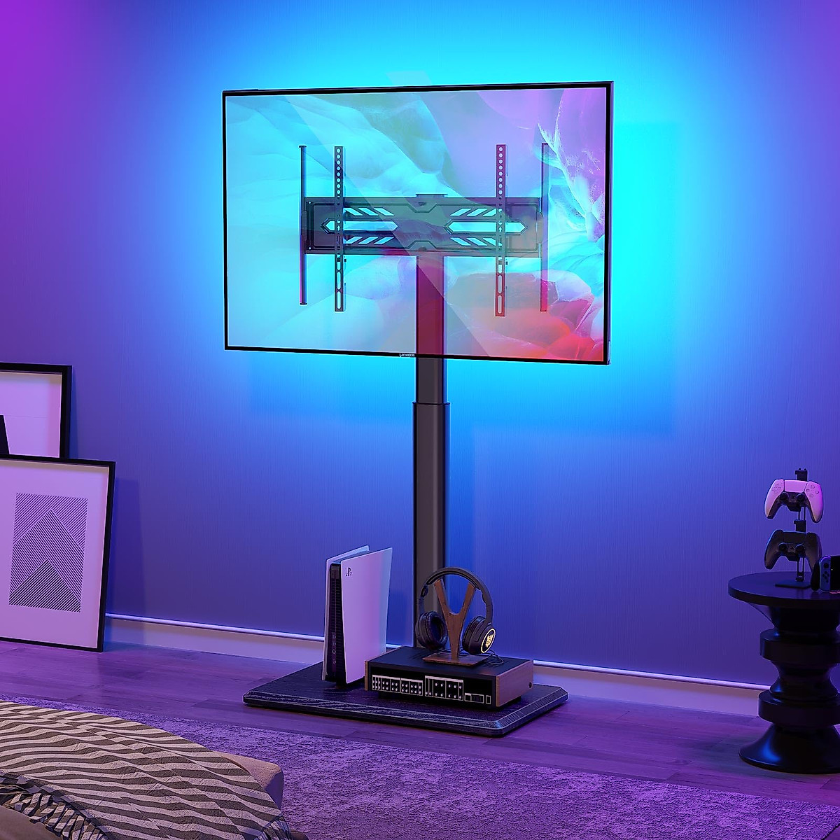 Greenstell TV Stand with LED Lights, Floor TV Stand for 32-70 inch TVs, Height Adjustable, Swivel Tall TV Stand, Eye Protection, Holds up to 110 Lbs, Max VESA 600x400mm