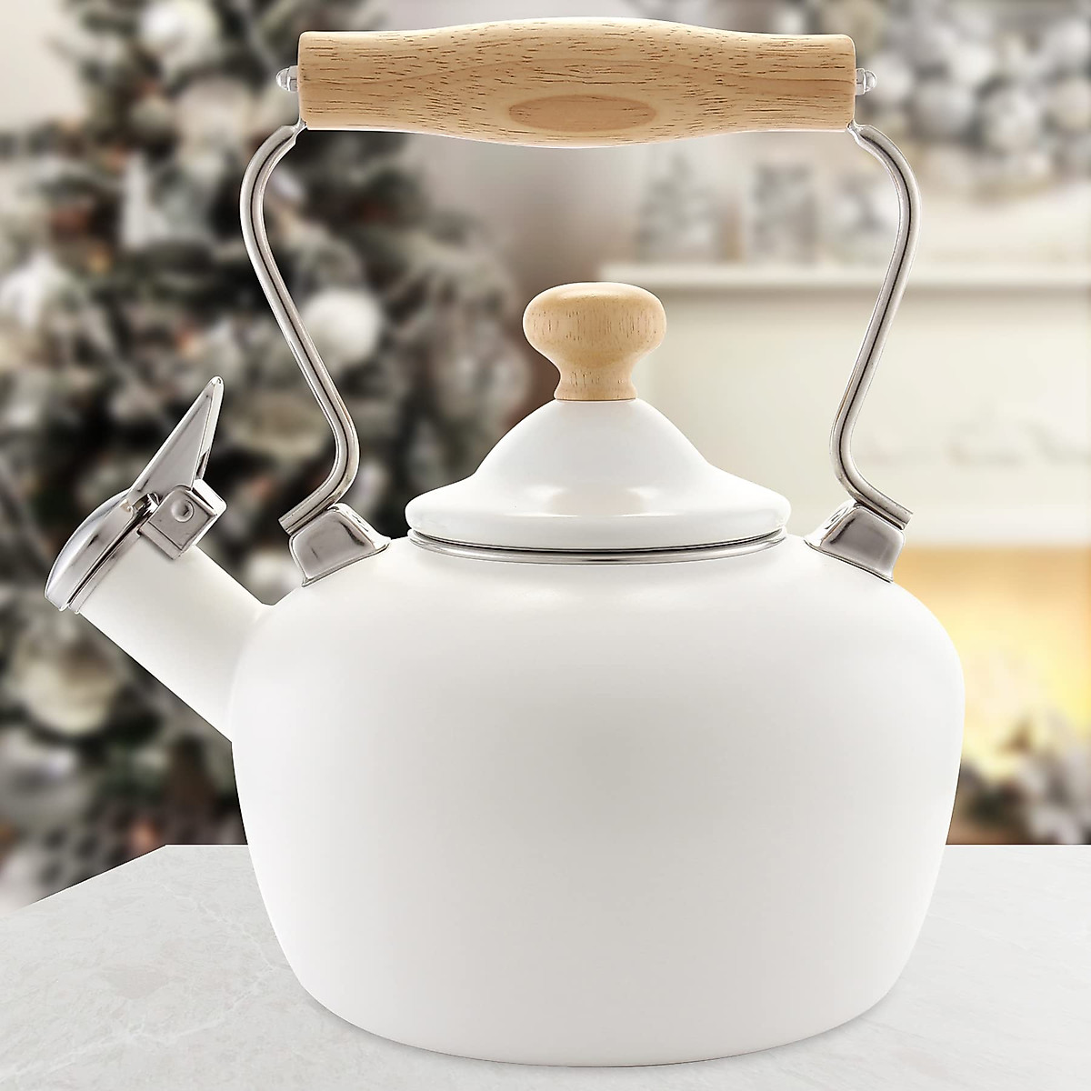 Chantal Tea Kettle, Carina Series, 1.8 QT, Premium Enamel on Carbon Steel, Whistling, Even Heating & Quick Boil, White