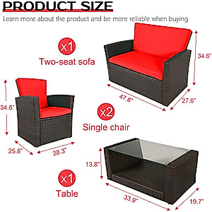 4 Pieces Patio Conversation Set, Outdoor PE Rattan Wicker Sofa Furniture Set with Soft Cushions and Glass Coffee Table for Backyard Lawn Garden Balcony Porch Poolside,Red