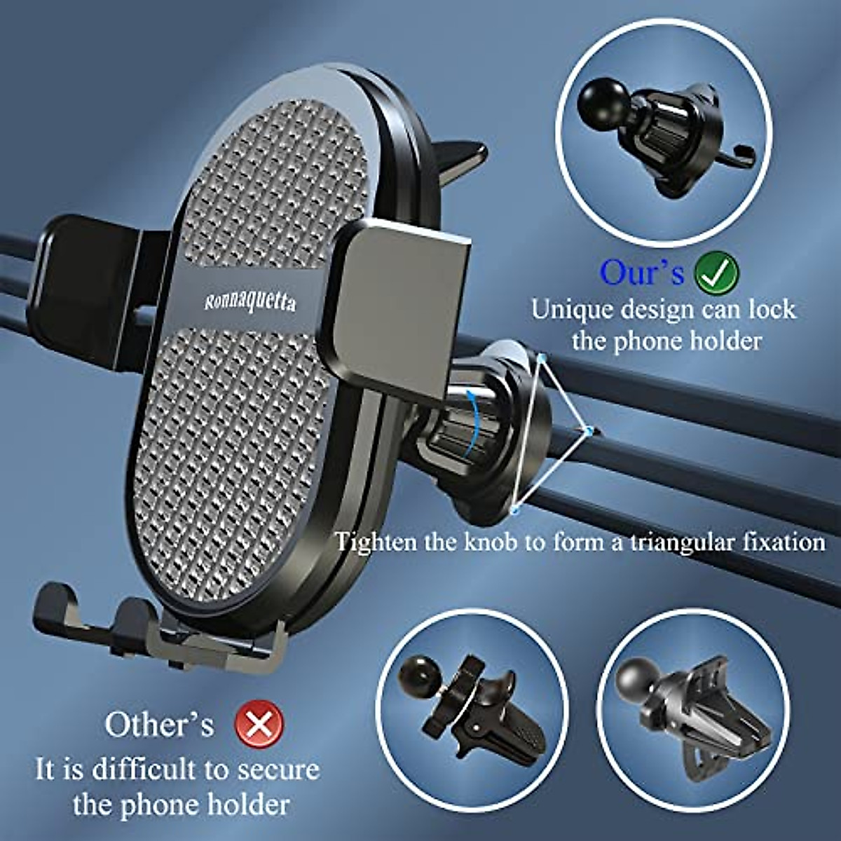 Ronnaquetta 360 Rotation Car Phone Holder, Quick Release, Adjustable, Compatible with 99% Phones, Black