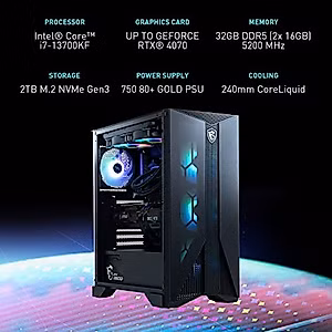 MSI Aegis RS Gaming Desktop: Intel Core i7-13700KF, RTX 4070, 32GB DDR5, 2TB M.2 NVMe, Liquid Cooling, WiFi 6E, Keyboard & Mouse, DIY Friendly, Windows 11 Home-Adv: 13NUE-450US,Black