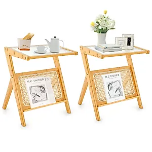 GOFLAME Rattan Side Table Set of 2, Z-shaped End Table with Tempered Glass Top, Magazine Rack, Boho Night Stand, Small Coffee Table, Bamboo Accent Bedside Table for Living Room, Bedroom, Natural