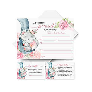 25 Pink Elephant Jungle Baby Shower Invitations and Envelopes (Large Size 5X7 INCHES), 25 Diaper Raffle Tickets, 25 Baby Shower Book Request Cards, Floral Elephant Animal Invites for Girl Baby Showers