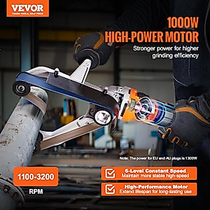 VEVOR Pipe Tube Polisher Sander, 1000W Pipe Belt Sander with 6 Variable Speeds 1100-3200rpm, Professional Belt Sander Grinding Machine with 50PCS Sanding Belts for Burnishing Finishing Rust Removal