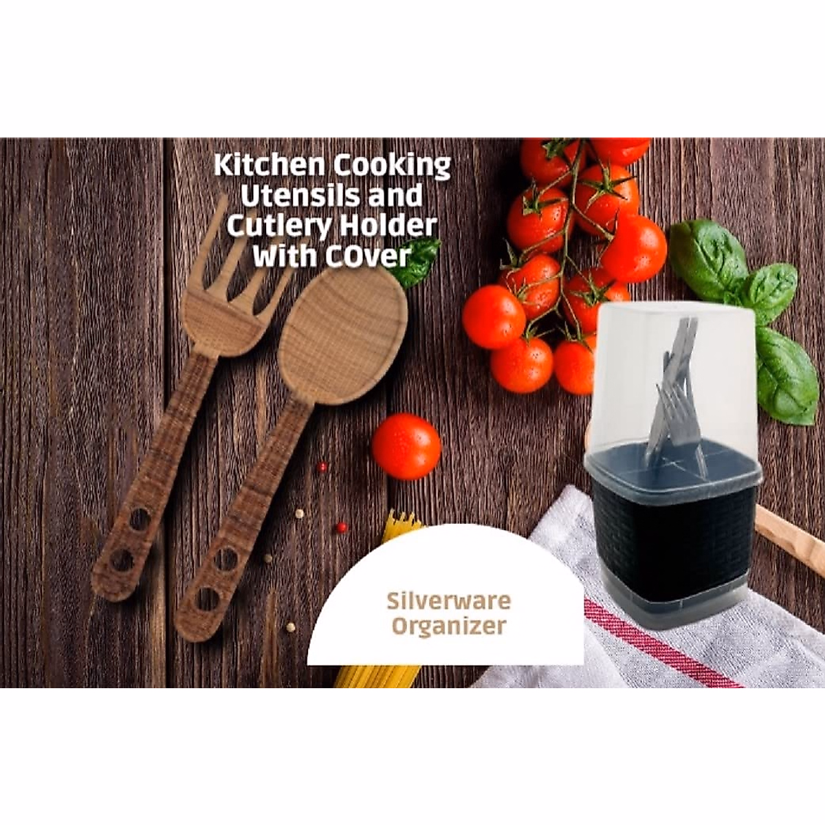 Rattan Covered Cutlery and Utensil holder, Flatware Plastic Caddy Organizer for Silverware with Cover top Perfect for Kitchen, picnic, home, BBQ, Party, Camping, Outdoor and Restaurant (BLACK)