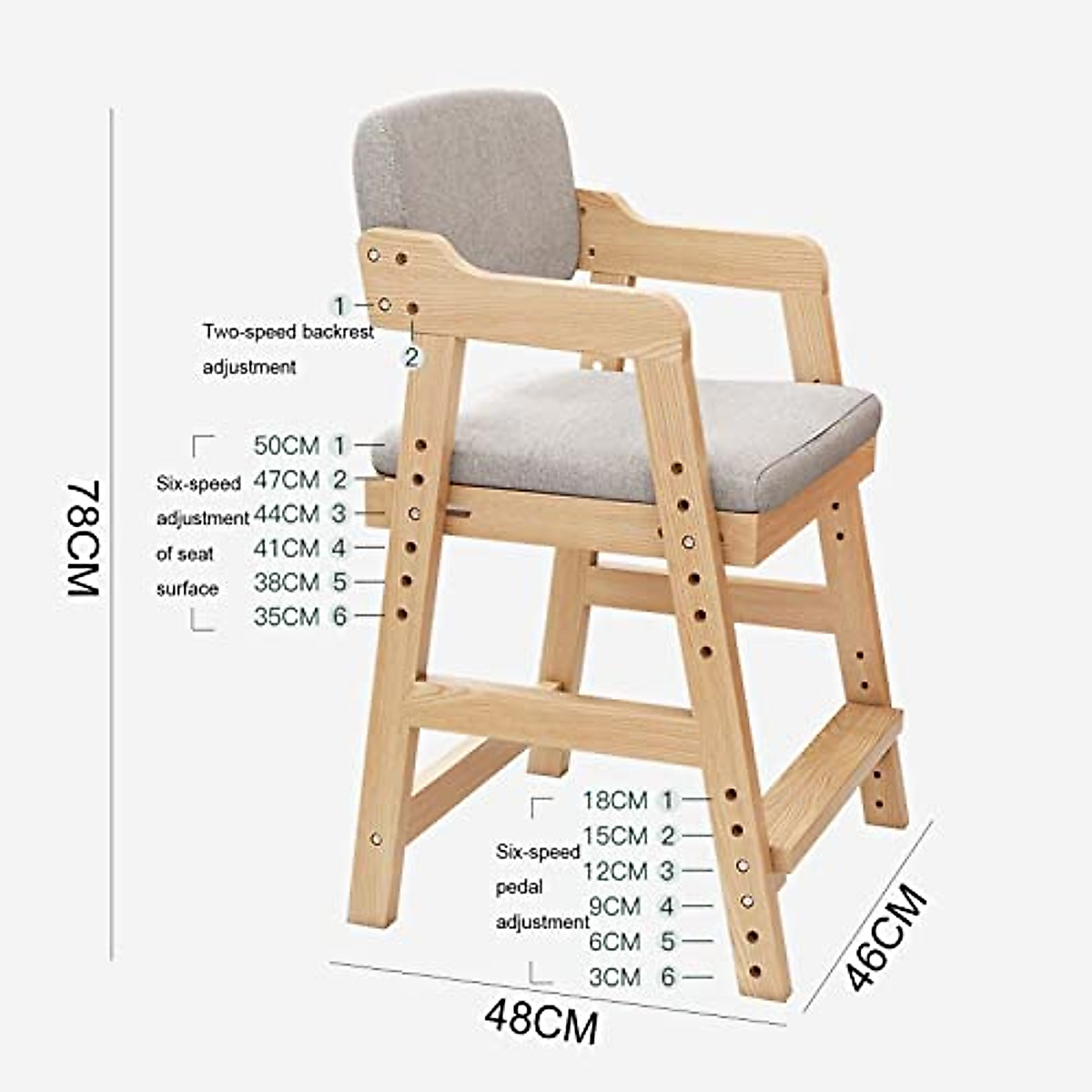 Adjustable Solid Wood Study Chair, Solid Wood Children Home Lift Dining Chair/Desk Chair, Children Height Control Chair for Home/Computer Desk/Study (Color : Grey)