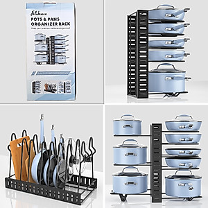 Felibeaco Adjustable Pots and Pans Organizer Rack for Cabinet, Metal Pans Pots Lids Storage Holder Rack under Cabinet with 3 DIY Methods, Pot Rack with 8 Tiers for Kitchen,Counter,Black,