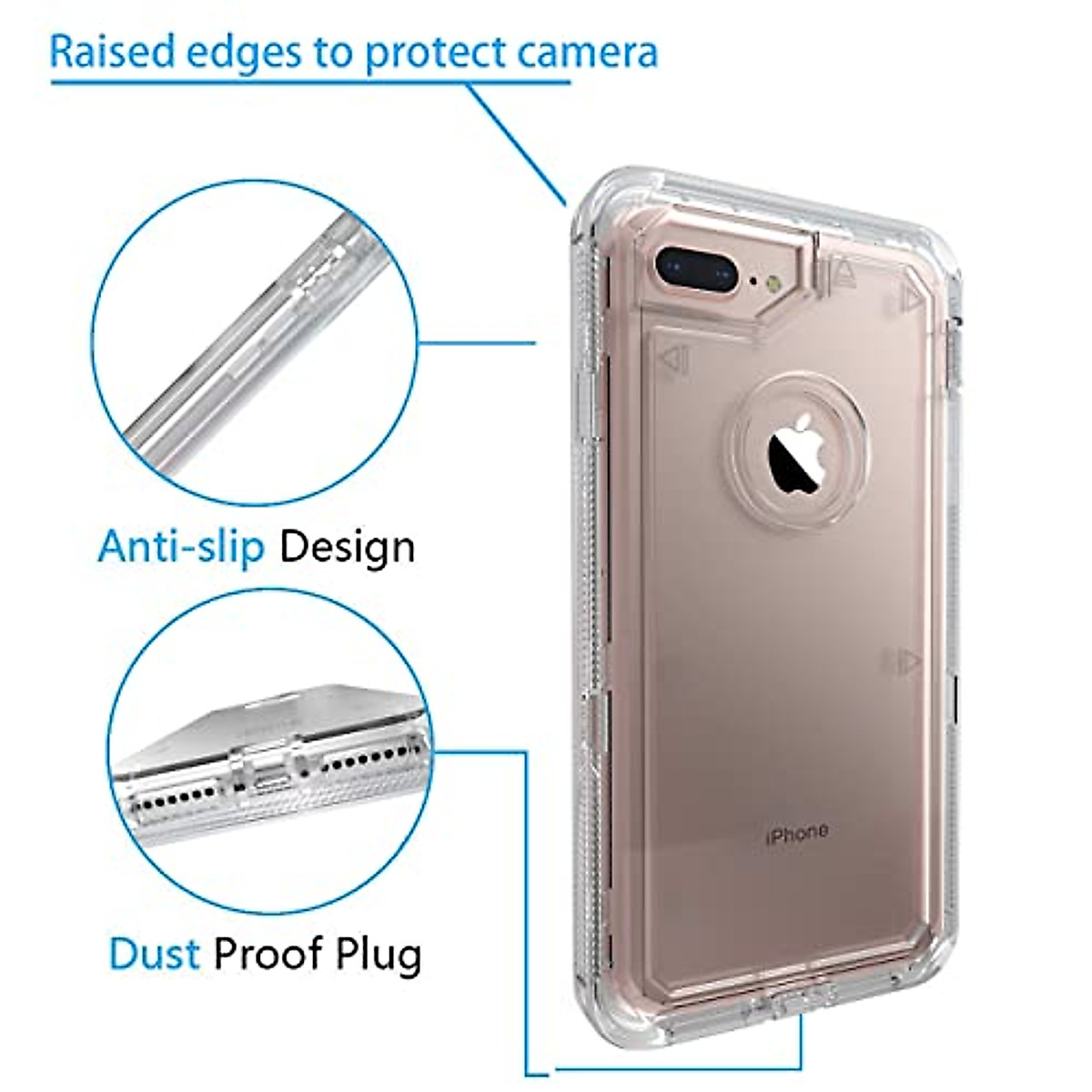 MXX iPhone 8 Plus Heavy Duty Case 3 in 1 Layers Rugged Rubber Shockproof Protection Case Cover for iPhone 7 Plus/iPhone 8 Plus - Clear (Transparent)