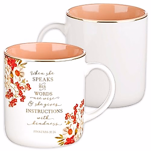 Christian Art Gifts Ceramic 14 oz Coffee and Tea Mug for Women When She Speaks - Proverbs 31:26 Pink/Red with Gold Metallic Floral, Lead-free and Cadmium-free Bible Verse Coffee Mug