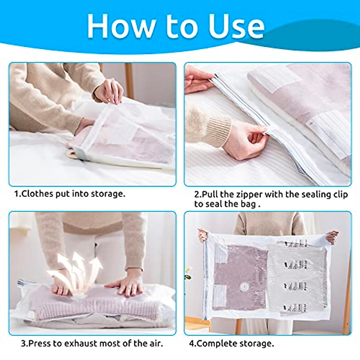 COSadiman Vacuum Storage Bags Space Saver Bags with Hand Pump, 6 PCS Plain/Flat Heavy Duty Space-saving Storage Bags,Vacuum Sealed Bags for Beddings Quilt Clothes Blankets Comforters Closet Organizers, Save Up 80% Space (Large, Transparent)