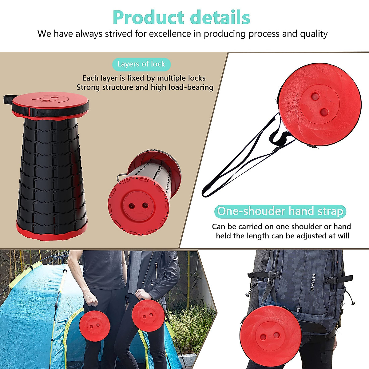 ALEVMOOM Upgraded Telescoping Stool Collapsible Stool with Seat Cushion & Bag, Retractable Folding Camping Stool for Adults Max Load 500lb More Sturdy Lightweight for Fishing Hiking Gardening (red)