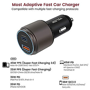 VELOGK Super Fast Type C Car Charger [73W Turbo], Metal Adaptive 55W 45W PPS/PD&QC3.0 USB C Car Adapter[Super Fast Charging 2.0]for Samsung S23 Ultra/S22+/S21/S20/Note 20/10 Plus,iPad Pro/Air,Macbook