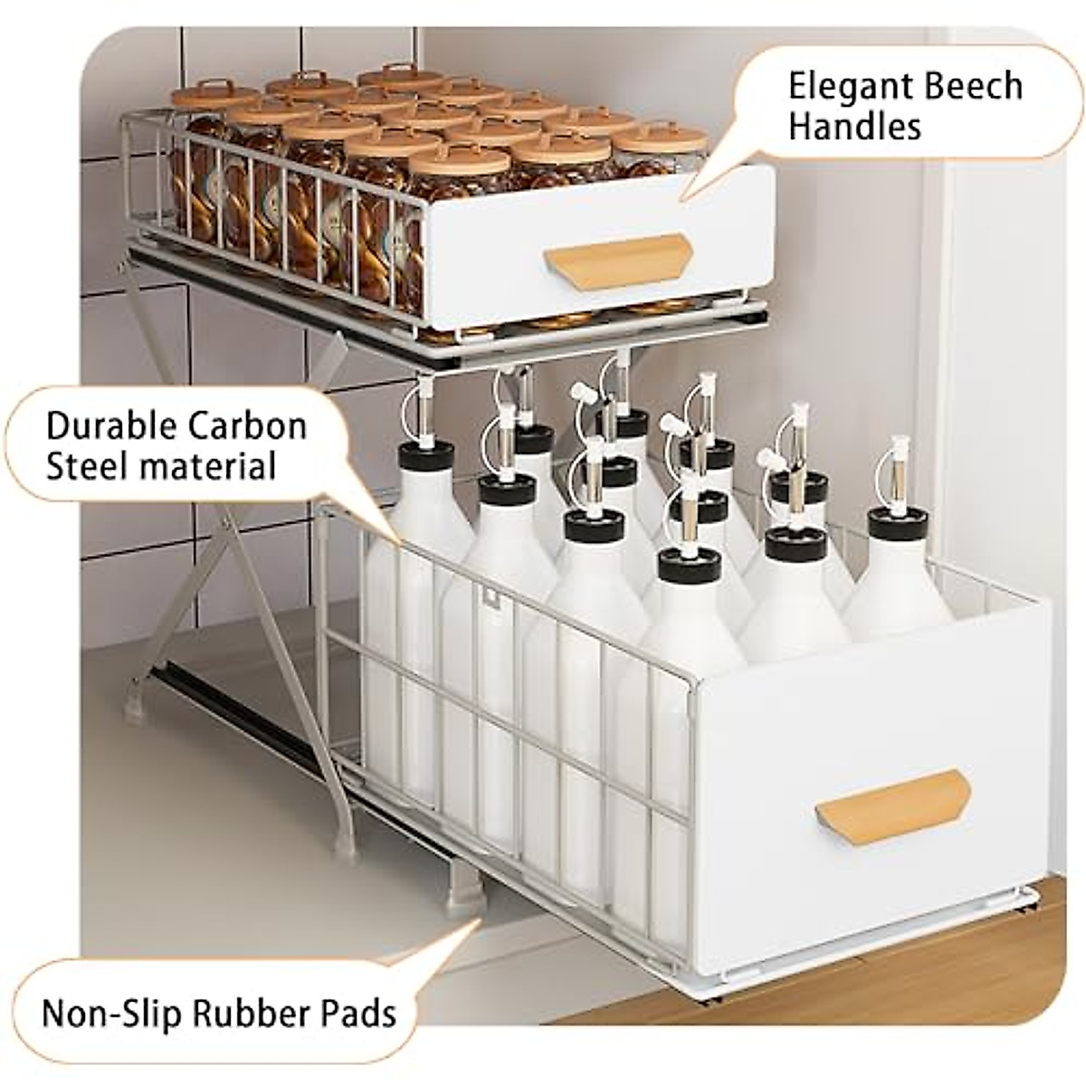StorageWorks Cabinet Organizer, 2 Tier Pull Out Cabinet Organizer, Bathroom Under Sink Organizer, Pantry Basket, White