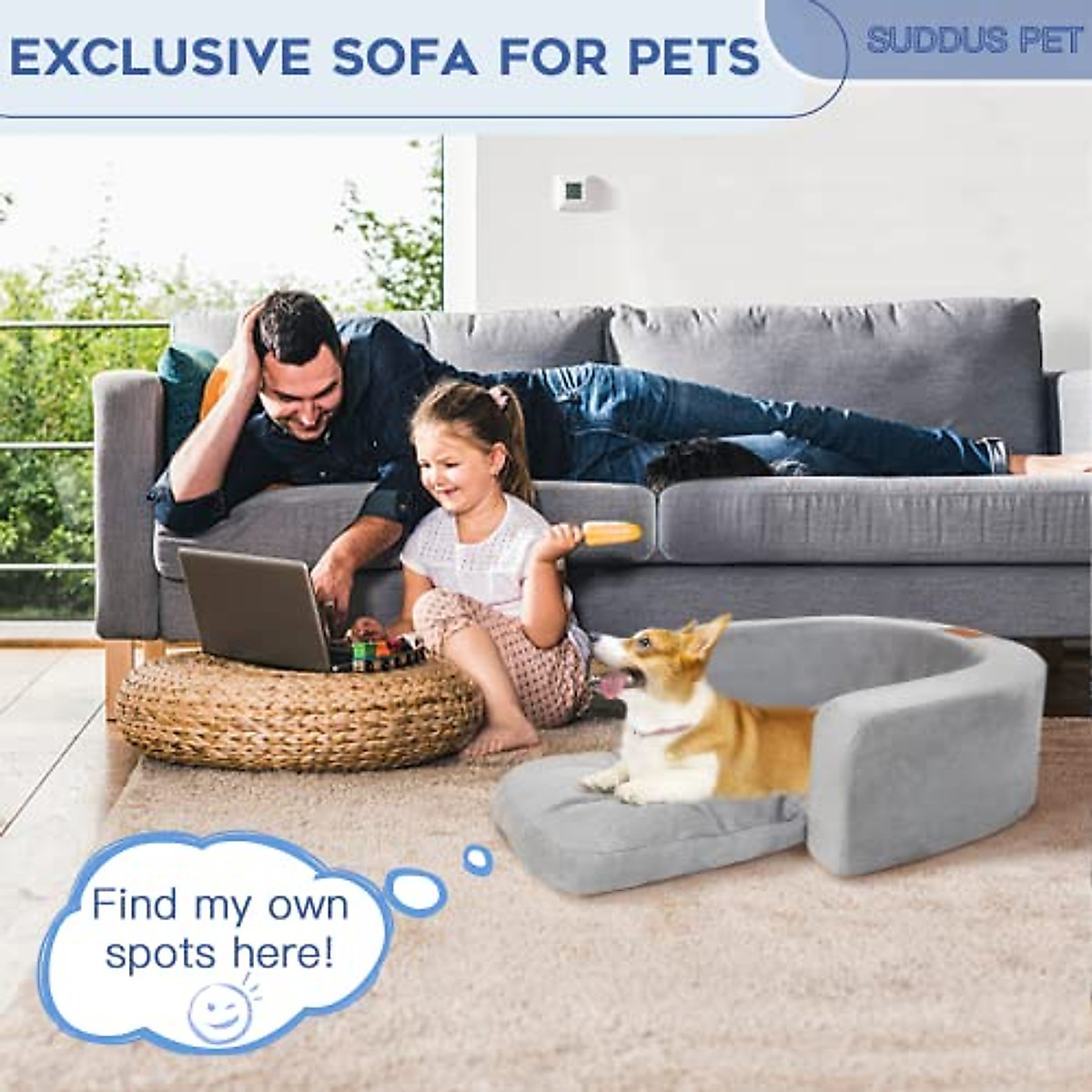 suddus Dog Beds for Small Dogs, Bolster Sofa Dog Bed with High Density Foam, Washable Dog Bed with Removable Cover and Non-Slip Bottom, Grey