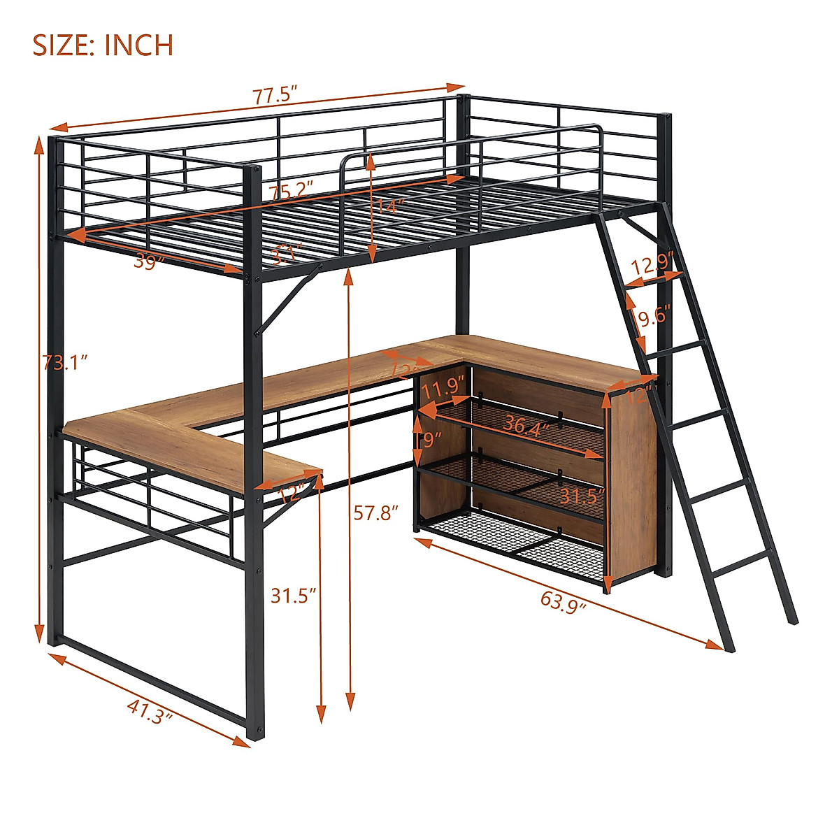 Twin Size Metal Loft Bed with L-Shaped Desk,Heavy Duty Metal Loft Bed with 3 Tier Shelves for Kids Teens Adults,High Loft Bed Frame, Space Saving(Twin,Black)