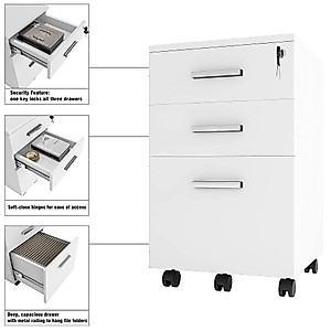 Lazio 26 Inch File Cabinet with Lock - Filing Cabinet for Home and Office - 3 Drawer File Cabinet with Wheels for A4 Sized Letters/Documents, Legal Sized Documents, Hanging File Folders - White/White