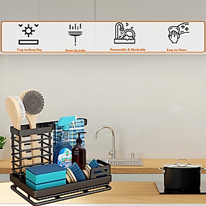 CIT ZCFYU Kitchen Sink Caddy Sponge Holder, Sink Caddy Kitchen Sink Organizer Stainless Steel, Dish Sponge Holder with Dishcloth Rack, Removable Drain Tray for Sponge, Gifts for Women & Men, Black