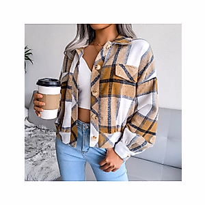 Womens Casual Plaid Shacket Long Sleeve Wool Blend Button Down Shirt Jacket Tops(Khaki,M)