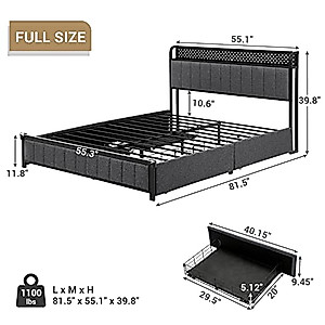 ADORNEVE LED Bed Frame Full Size with Storage Headboard and Outlets, Metal Platform Bed Full with 4 Storage Drawers and RGB LED Lights Headboard, No Box Spring Needed, Noise-Free,Dark Grey