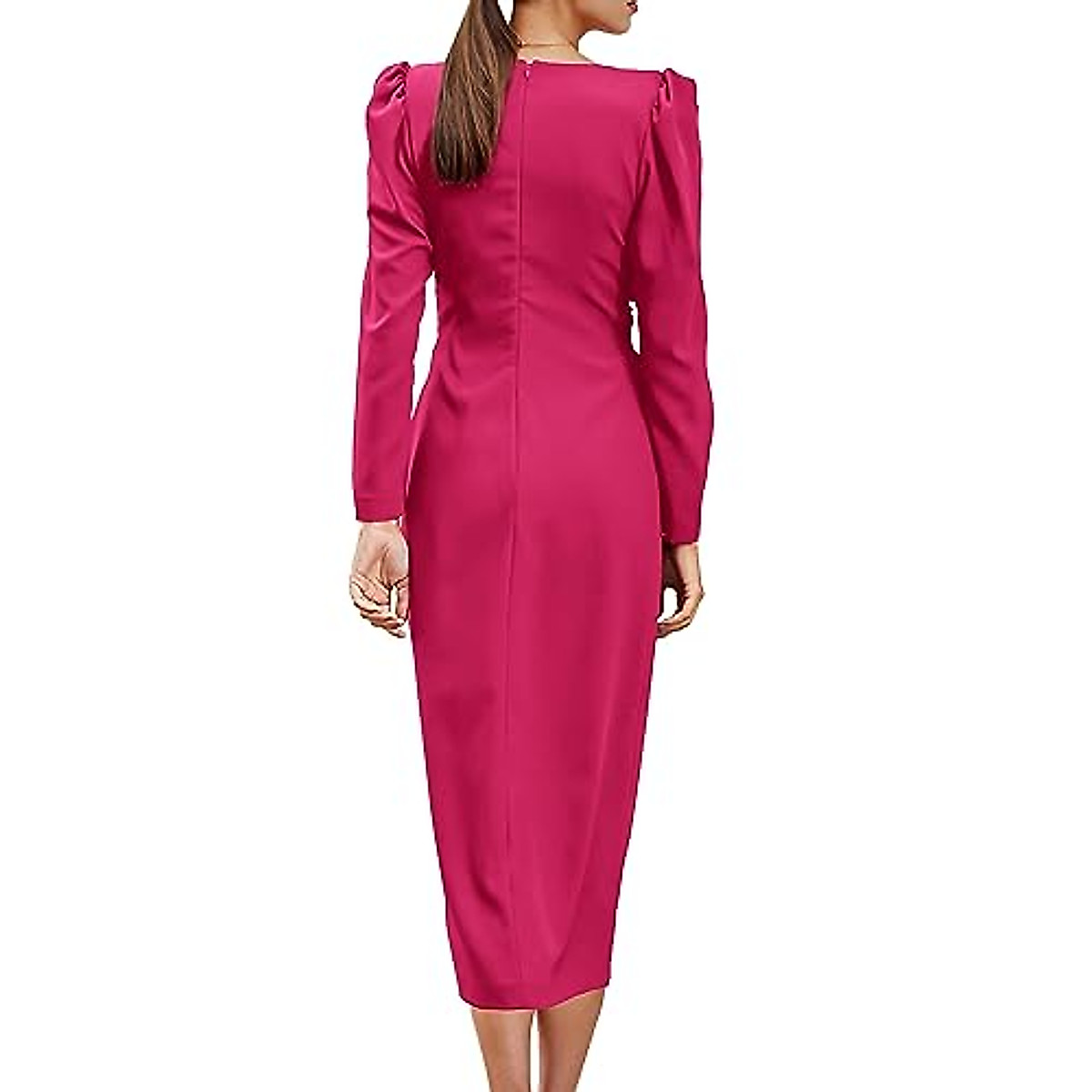 PRETTYGARDEN Women's Fall Fashion 2023 Long Puff Sleeve Maxi Dresses V Neck Twist Front Formal Dress with Slit (Rose Red,Medium)