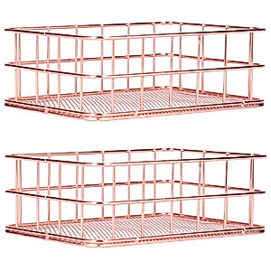Wrought Iron Storage Basket - Desktop Organizer Container - for Kitchen Cabinets, Pantry, Bathroom - 2 Pack,Rose Gold(Small)