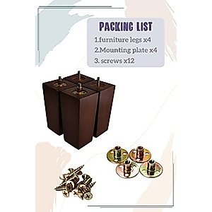 6 Inch Wooden Sofa Legs Set of 4, Brown Square Wood Furniture Feet Couch Legs, Mid Century Modern Dresser Replacement Feet for Chair Cabinet Armchair Recliner Table Or Home DIY Projects Bun Feet